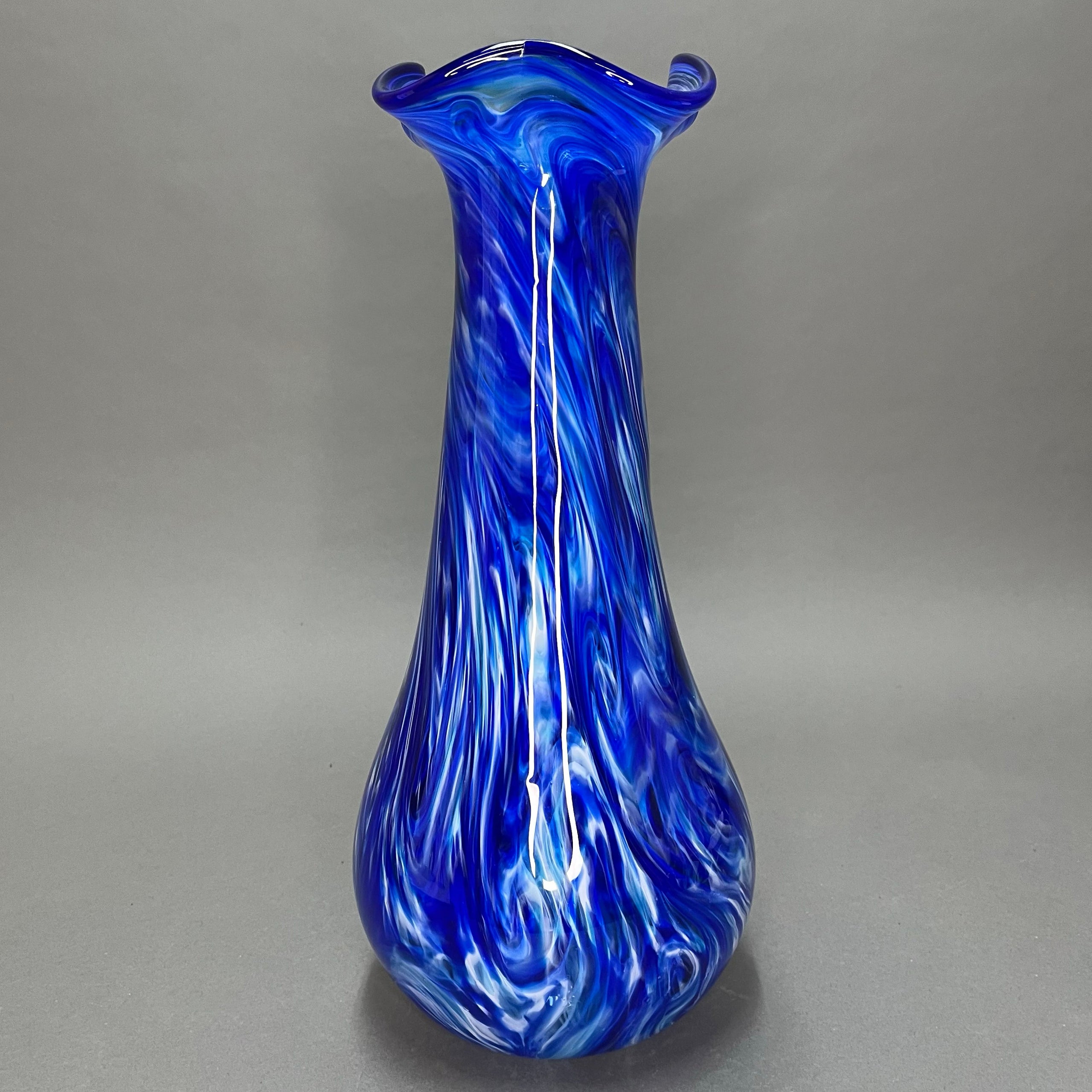 Cobalt & White Vase with Wavy Lip #52 | Decatur Glassblowing